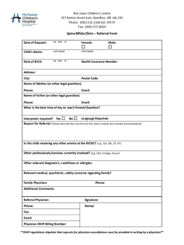 Fillable Online Ron Joyce Children's Health Centre - Spina Bifida Clinic Fax Email Print - pdfFiller