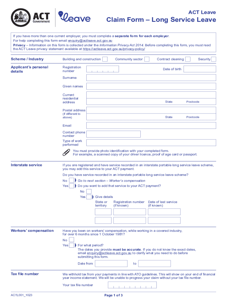 Fillable Online actleave act gov Claim Form - Long Service Leave Fax ...