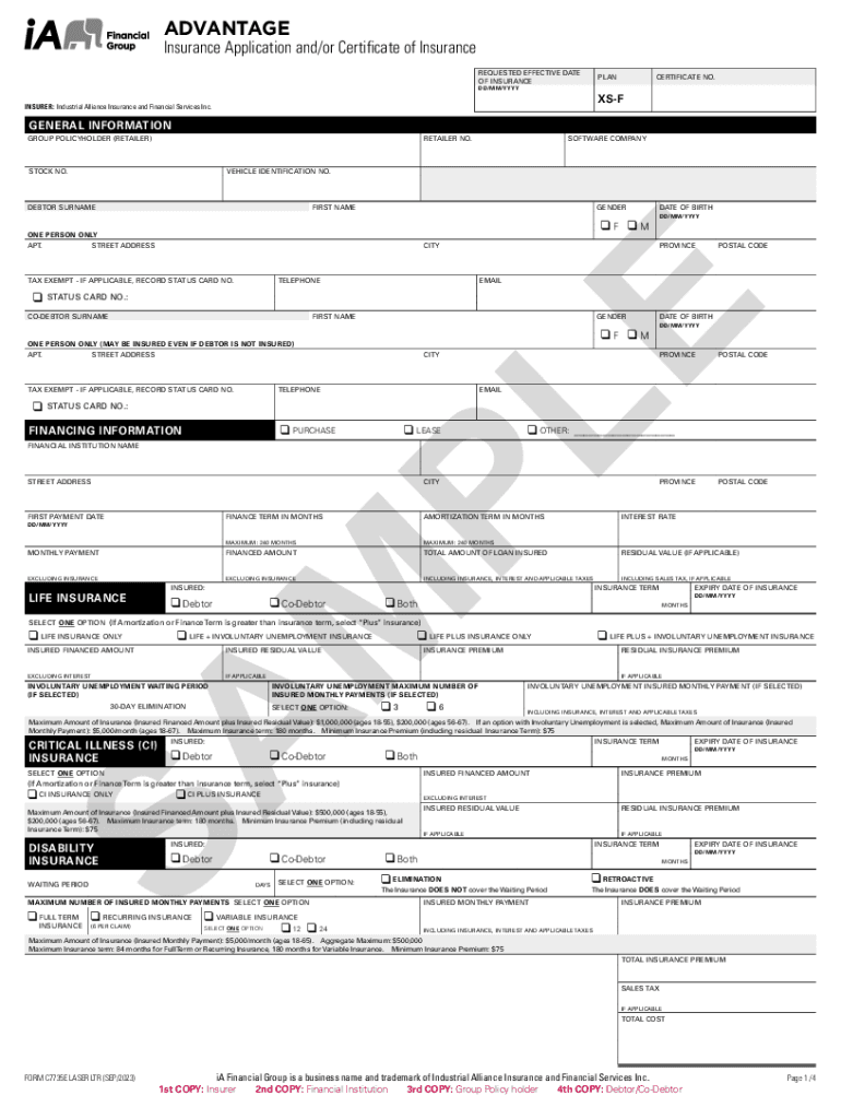 Fillable Online Creditor Insurance Certificate - Advantage XS-F ...