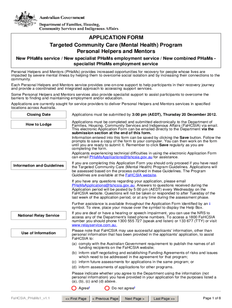 Fillable Online FaHCSIA PHaMS Application Form Fax Email Print - pdfFiller