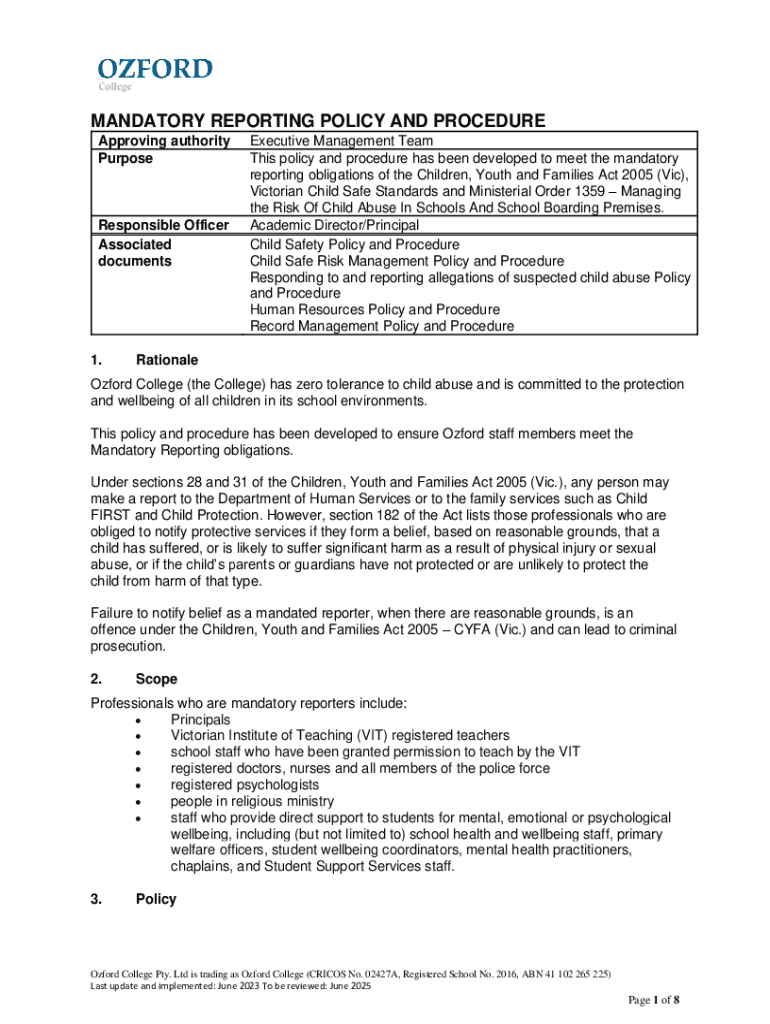 Fillable Online Child Safety and Child Abuse Response and Reporting ...