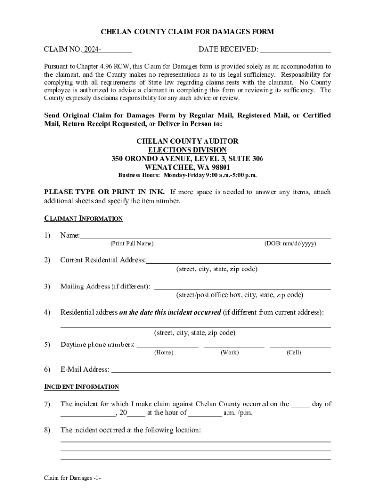 Fillable Online chelan county claim for damages form claim no. 2024 Fax ...