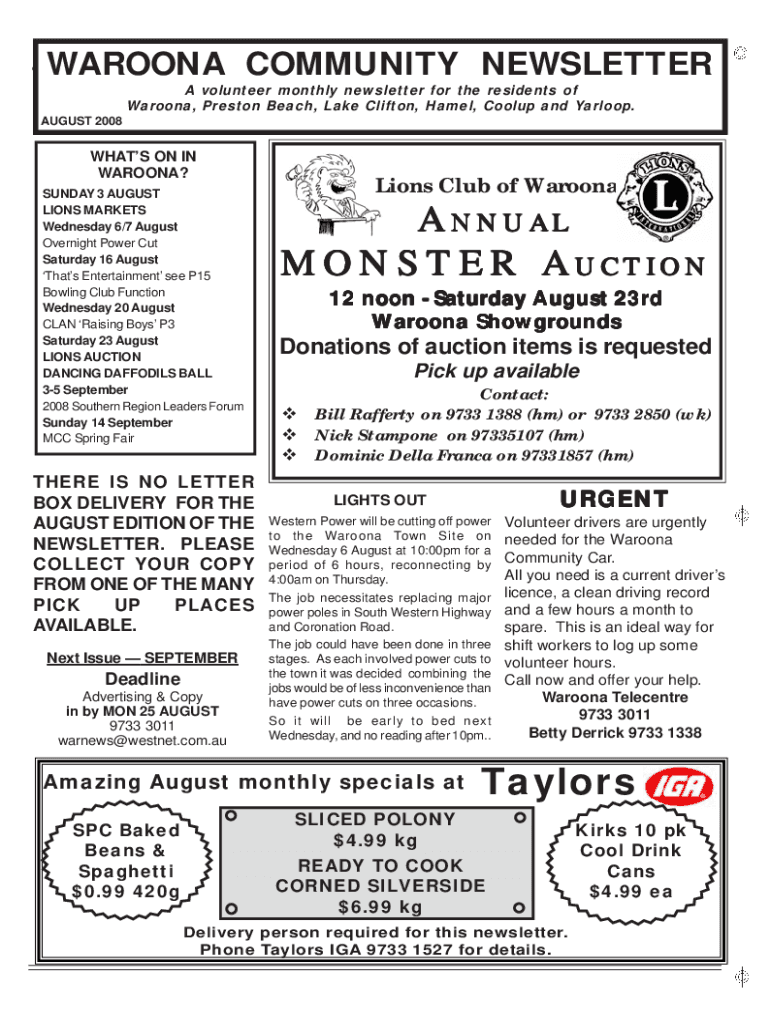 Fillable Online purl slwa wa gov WAROONA COMMUNITY NEWSLETTER Fax Email ...