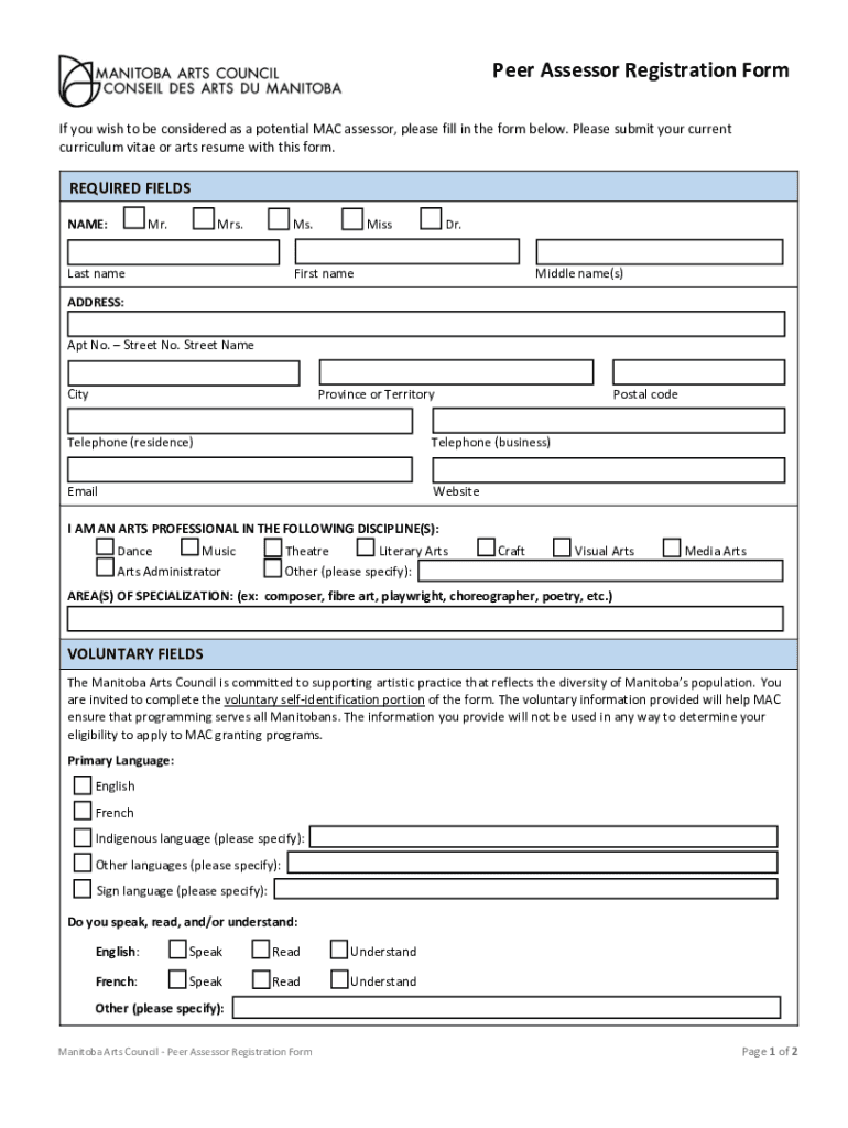 Fillable Online artscouncil mb Peer Assessor Registration Form Fax ...