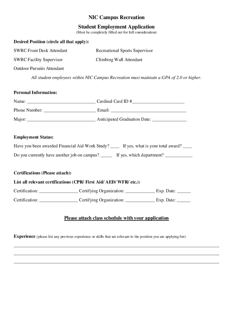 Fillable Online NIC Campus Recreation Student Employment Application ...