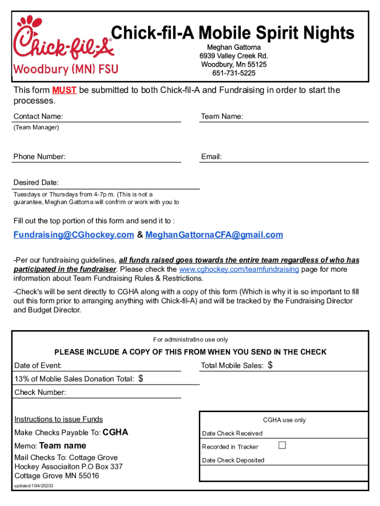 Fillable Online This form be submitted to both Chick-fil-A and Fundraising in order ... Fax ...