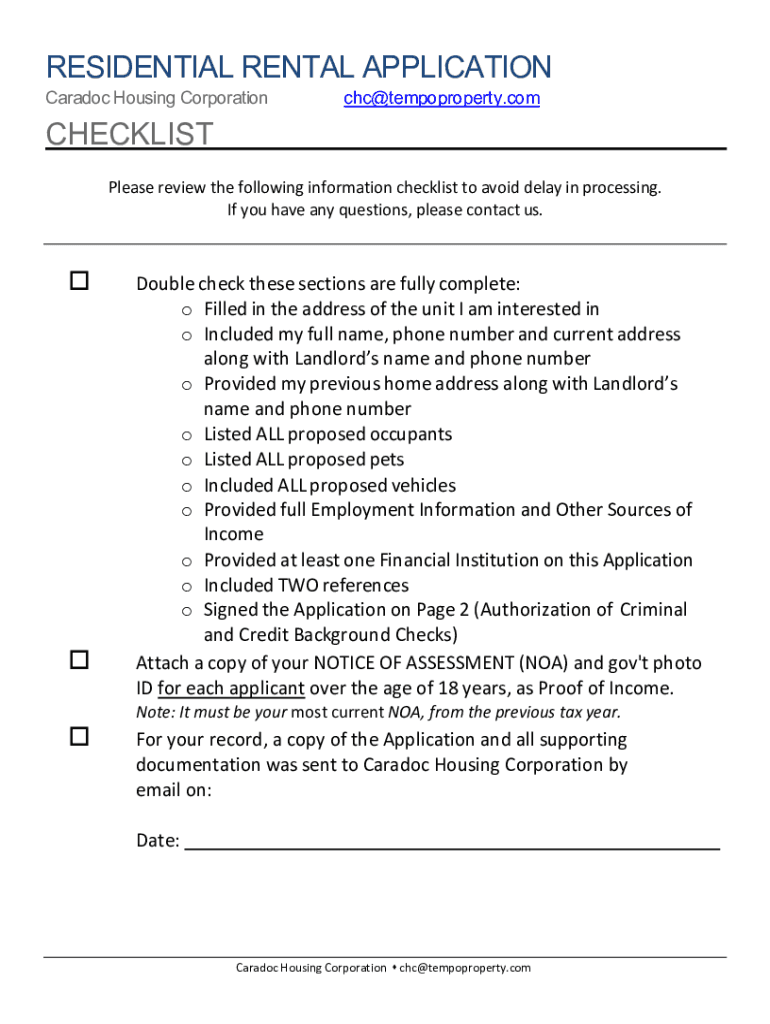 Fillable Online RESIDENTIAL RENTAL APPLICATION CHECKLIST Fax Email ...