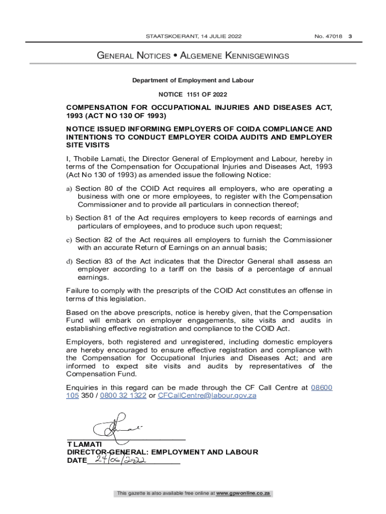 Fillable Online Notice issued Informing Employers of Coida Compliance ...