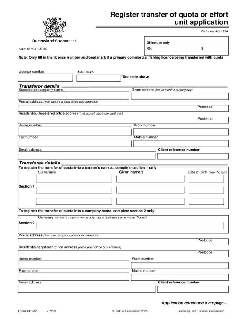 Fillable Online Register transfer of quota or effort unit application ...