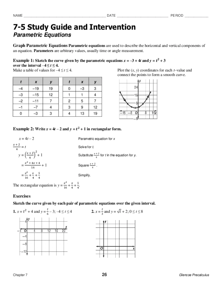 Fillable Online 7-5 Study Guide and Intervention - Parametric Equations ...