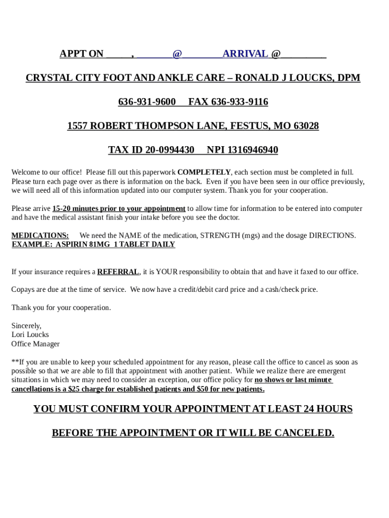 Fillable Online NEW PT FORMS-8-2022.odt - Crystal City Foot & Ankle Care Fax Email Print - pdfFiller