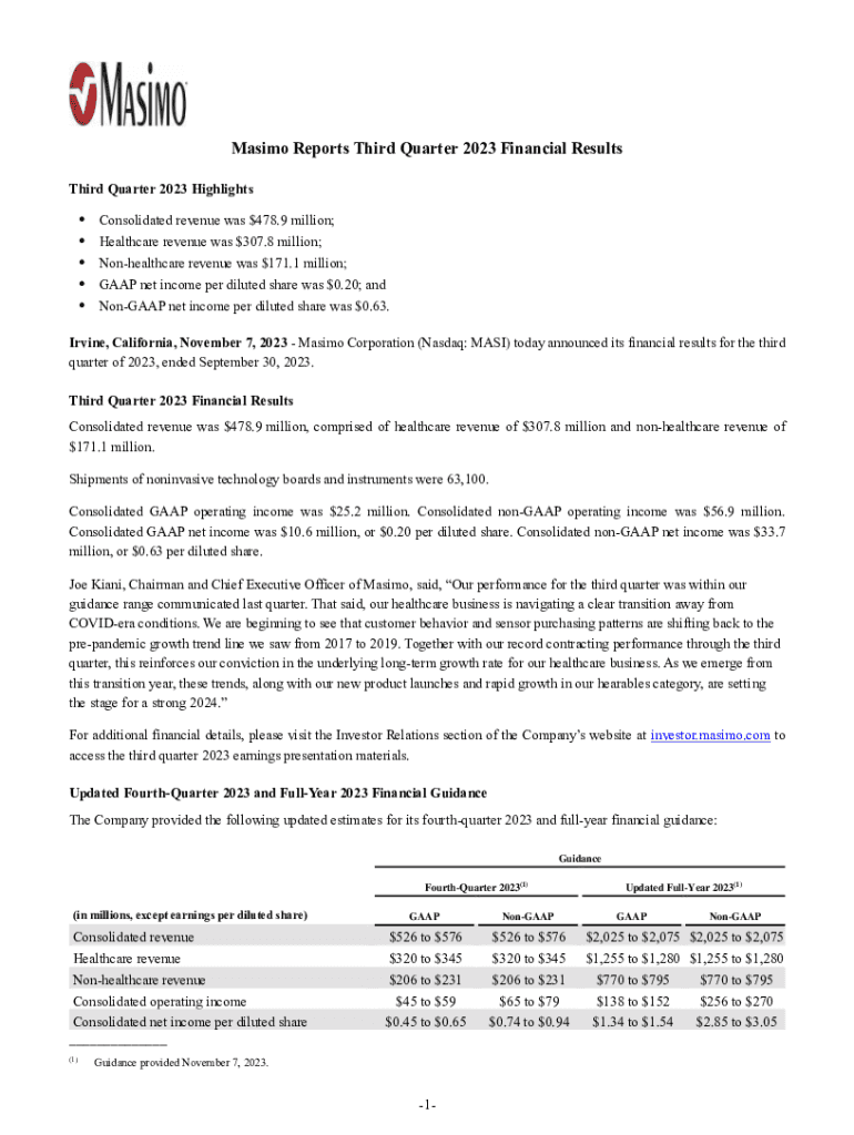 Fillable Online Masimo reports consolidated revenue of USD 478.9M in Q3 Fax Email Print - pdfFiller