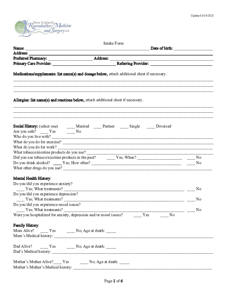 Fillable Online Page 1 of 7 Intake Form Name Fax Email Print - pdfFiller