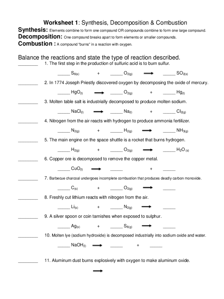 Fillable Online teachers wrdsb Worksheet 1: Synthesis, Decomposition ...