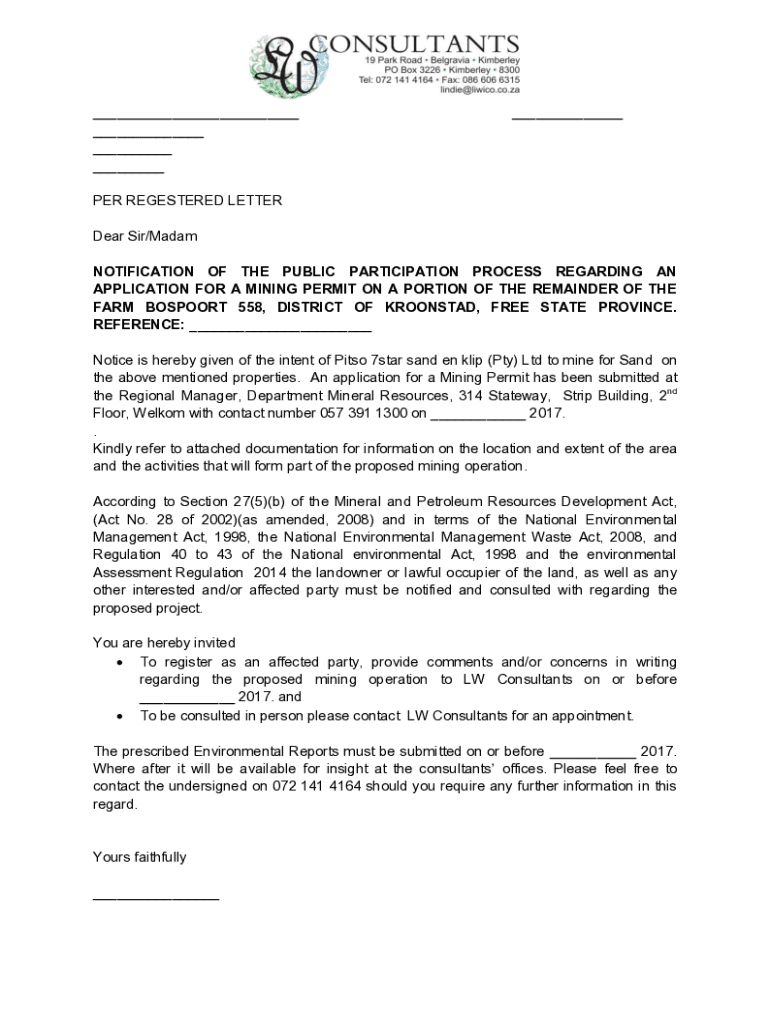 Fillable Online PER REGESTERED LETTER Fax Email Print - pdfFiller