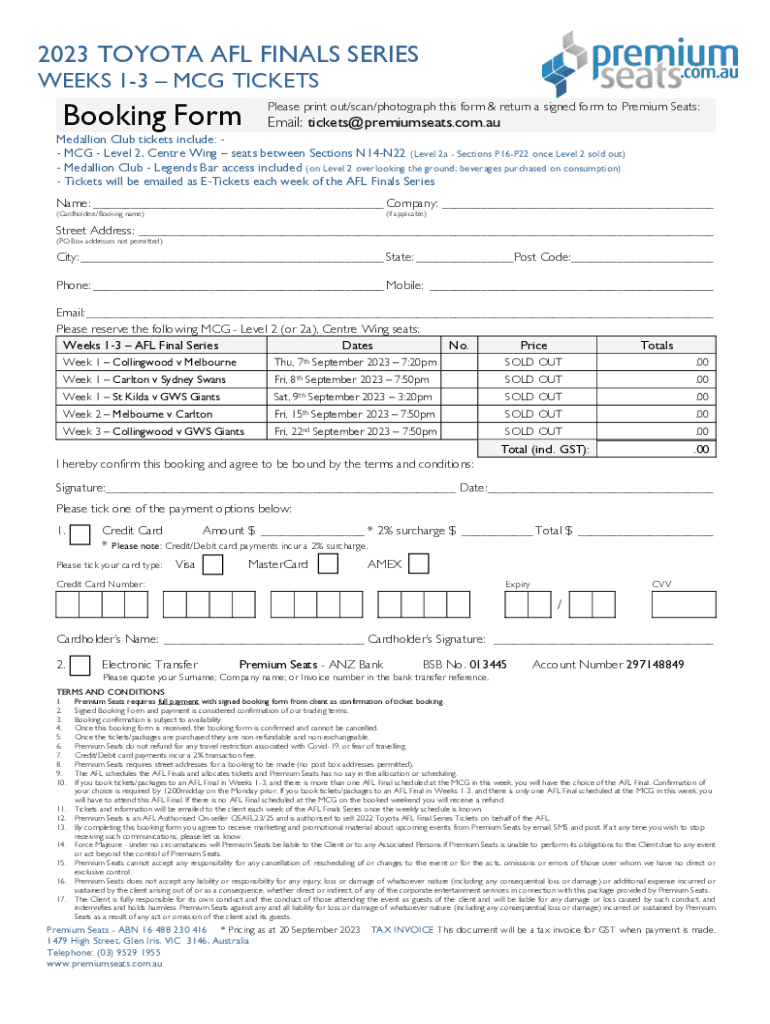 Fillable Online 2023 Toyota AFL Finals - MCG Ticket Only Seats ...