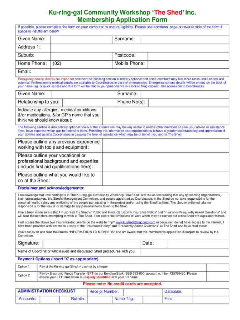 Fillable Online Ku-ring-gai Community Workshop 'The Shed' (for men and ... Fax Email Print ...
