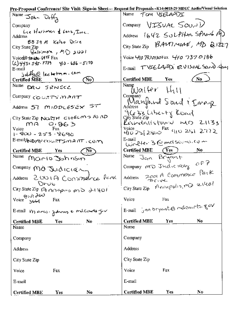 Fillable Online Pre-Proposal Conference Sign-In Sheet - No 050B7400006 ...