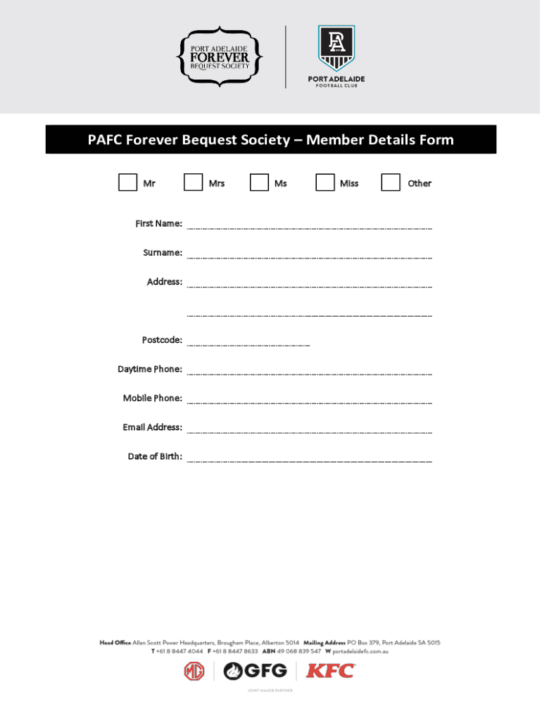 Fillable Online PAFC Forever Bequest Society Member Details Form Fax ...