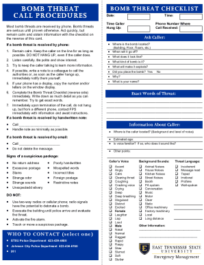 Fillable Online Bomb Threat Checklist and Call Procedures Fax Email ...