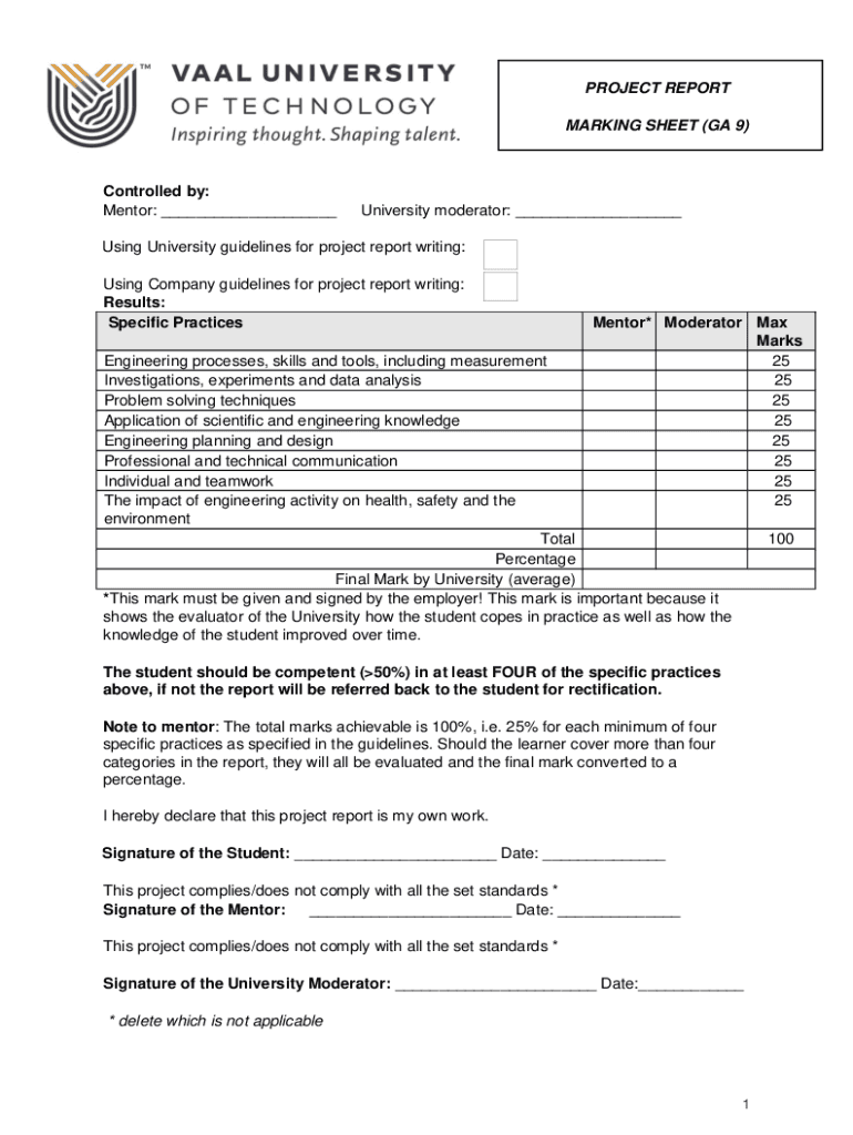 Fillable Online PROJECT REPORT MARKING SHEET (GA 9) Controlled by Fax Email Print - pdfFiller