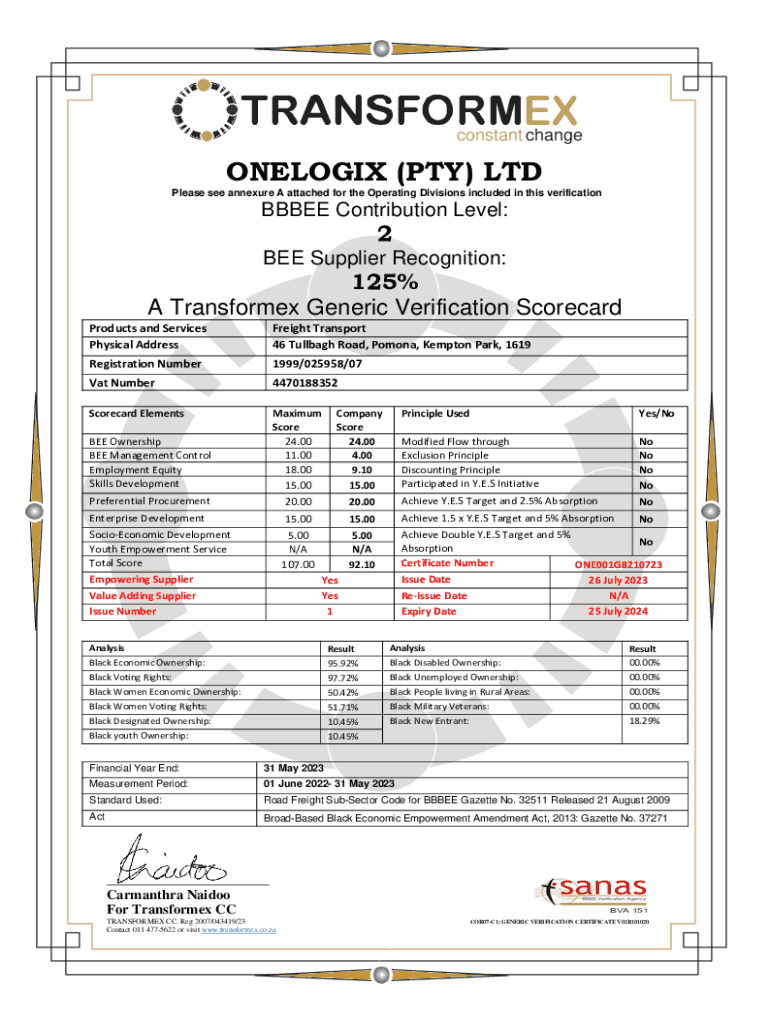 Fillable Online BBBEE Certificate OneLogix Fax Email Print - pdfFiller