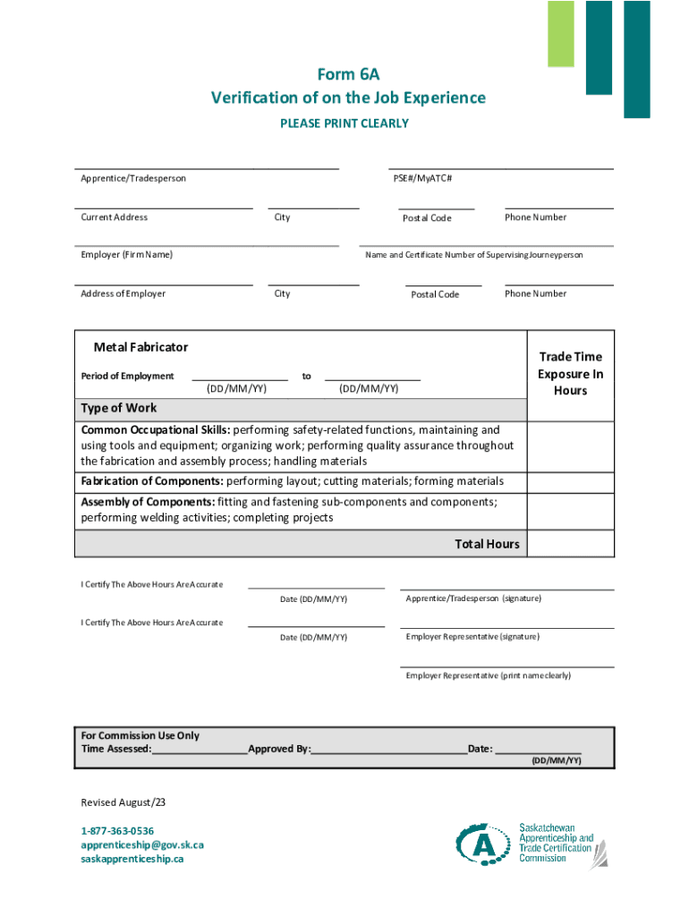 Fillable Online Verification of Occupational Work Experience Form: Fax ...