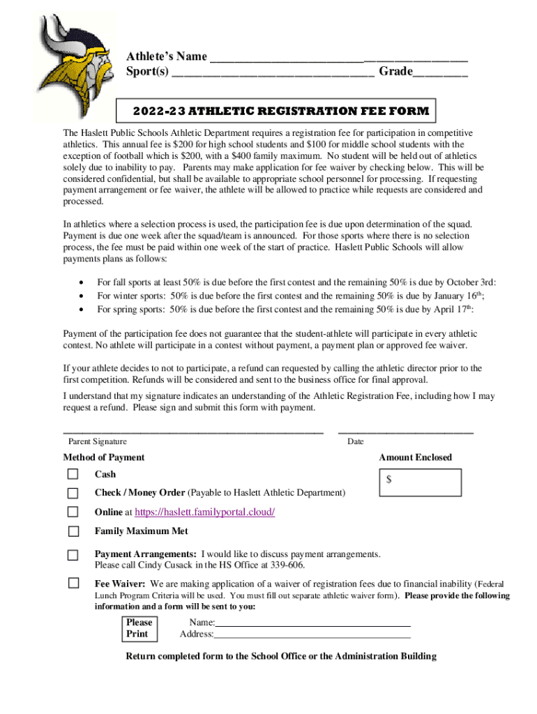 Fillable Online 2022-23 Athletic Registration Fee Form Fax Email Print ...