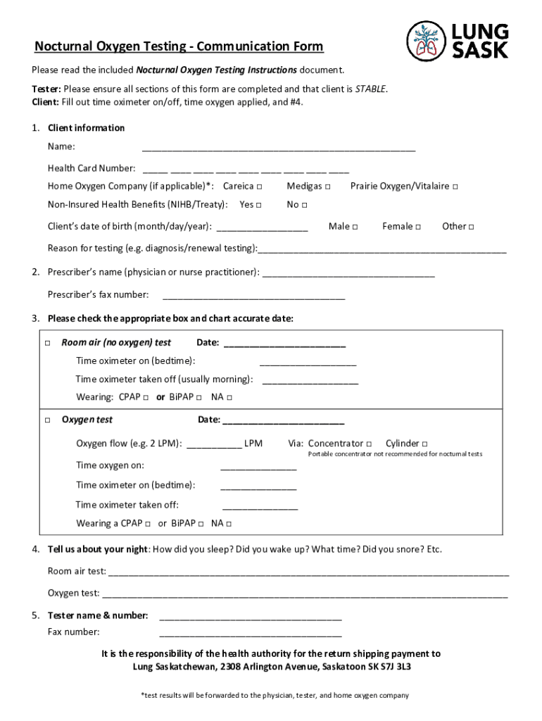 Fillable Online Nocturnal Oxygen Testing - Communication Form Fax Email ...