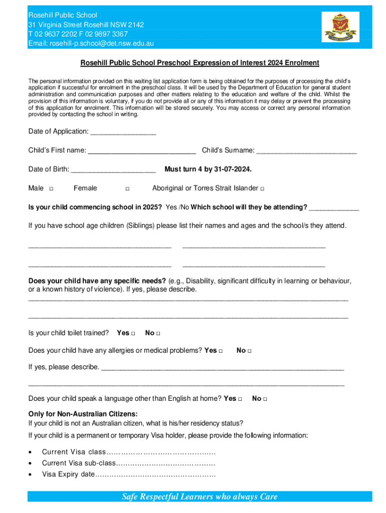 Fillable Online Vacancies at Rosehill Public School Preschool - Toddle Fax Email Print - pdfFiller