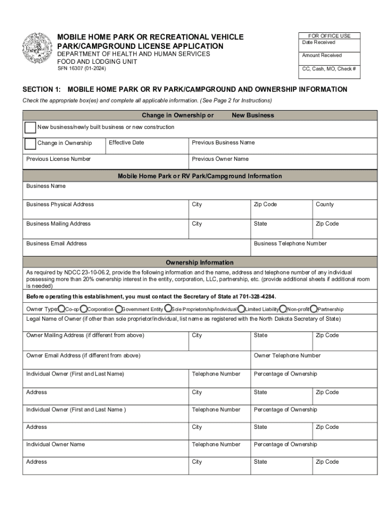Fillable Online SFN 16307-Mobile Home Park or Recreational Vehicle Park ...