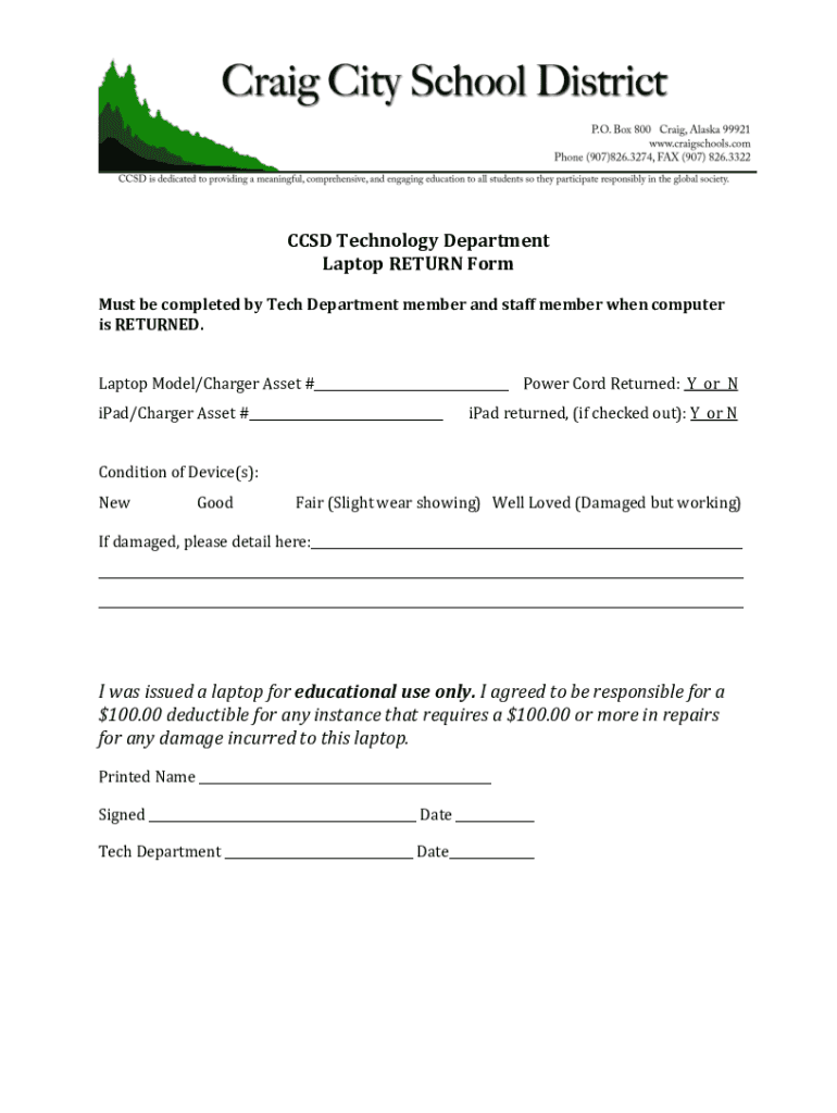 Fillable Online CCSD Technology Department Laptop RETURN Form Fax Email ...