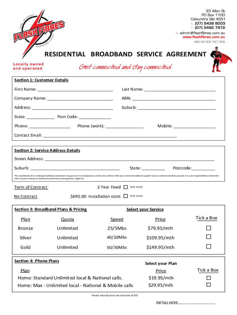 Fillable Online RESIDENTIAL BROADBAND SERVICE AGREEMENT Fax Email Print ...