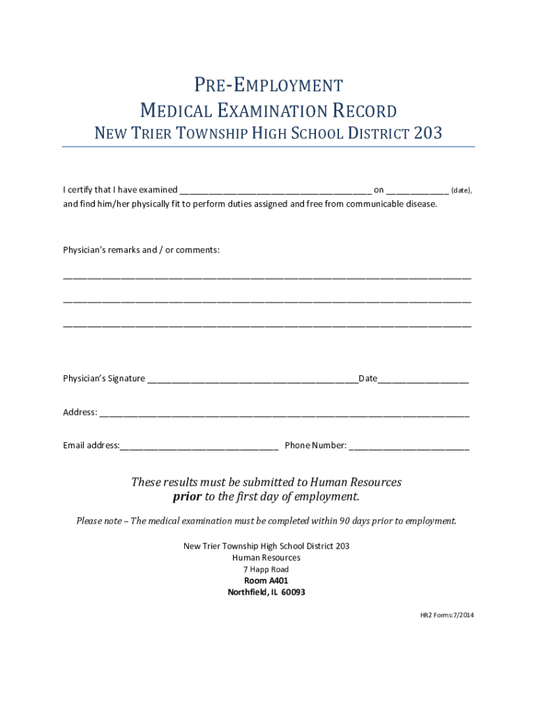 Fillable Online PRE-EMPLOYMENT MEDICAL EXAMINATION RECORD Fax Email ...