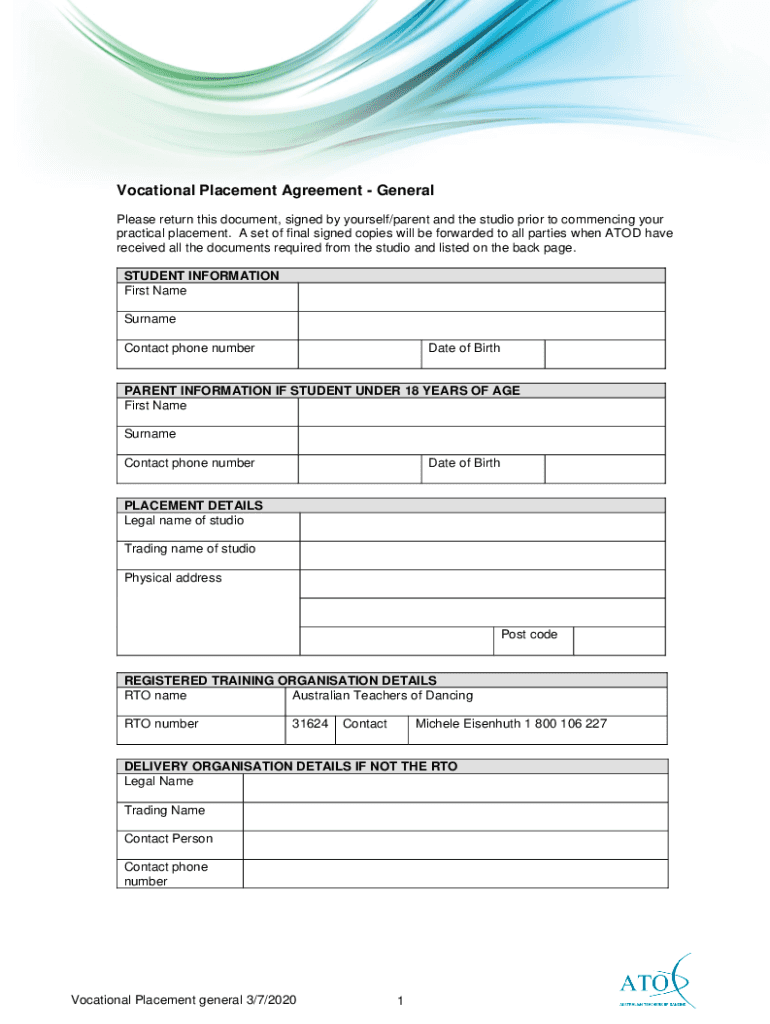 Fillable Online Vocational Placement Agreement - General Fax Email ...