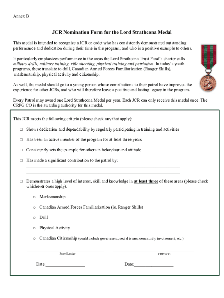 Fillable Online JCR Nomination Form for the Lord Strathcona Medal Fax ...