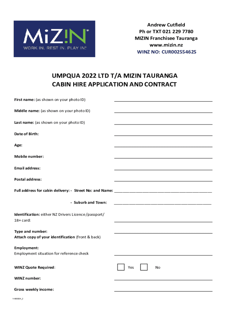 Fillable Online umpqua 2022 ltd t/a mizin tauranga cabin hire application ... Fax Email Print ...