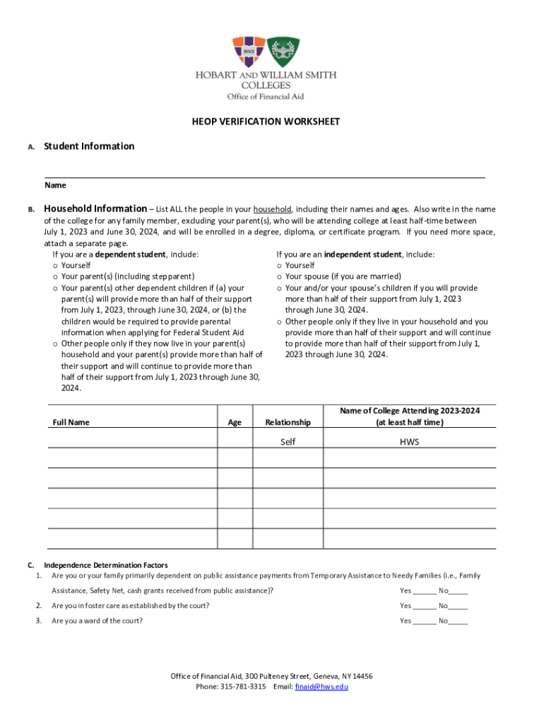 Fillable Online HEOP VERIFICATION WORKSHEET A. Student Information Fax ...