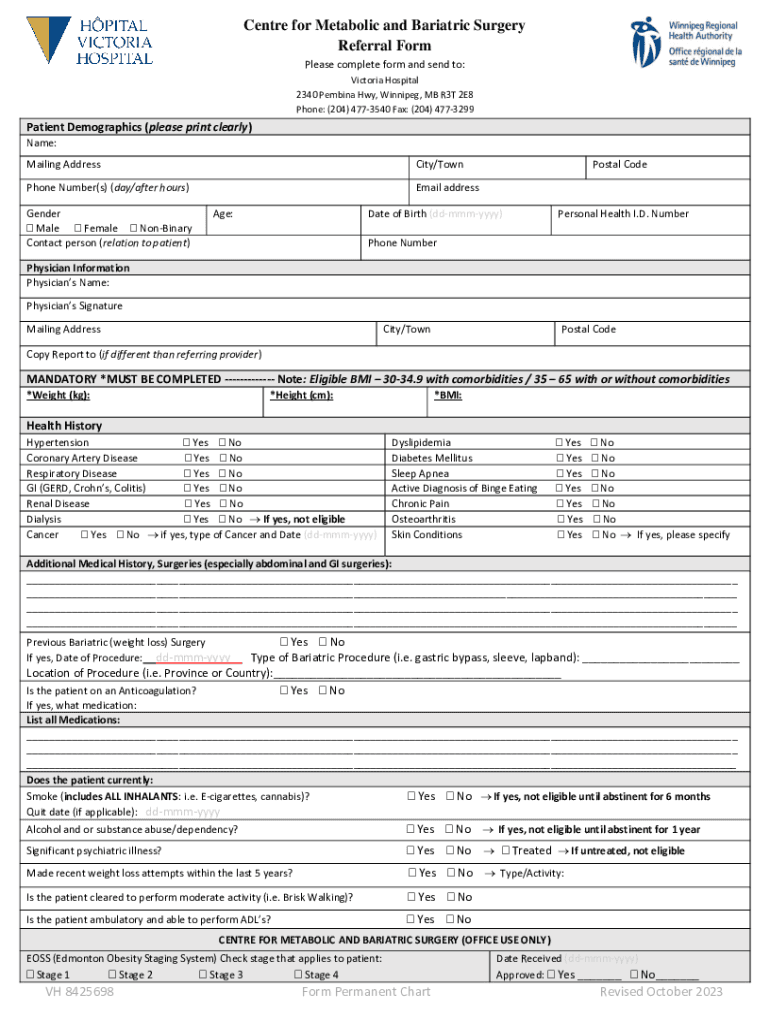 Fillable Online Centre for Metabolic and Bariatric Surgery Referral ...