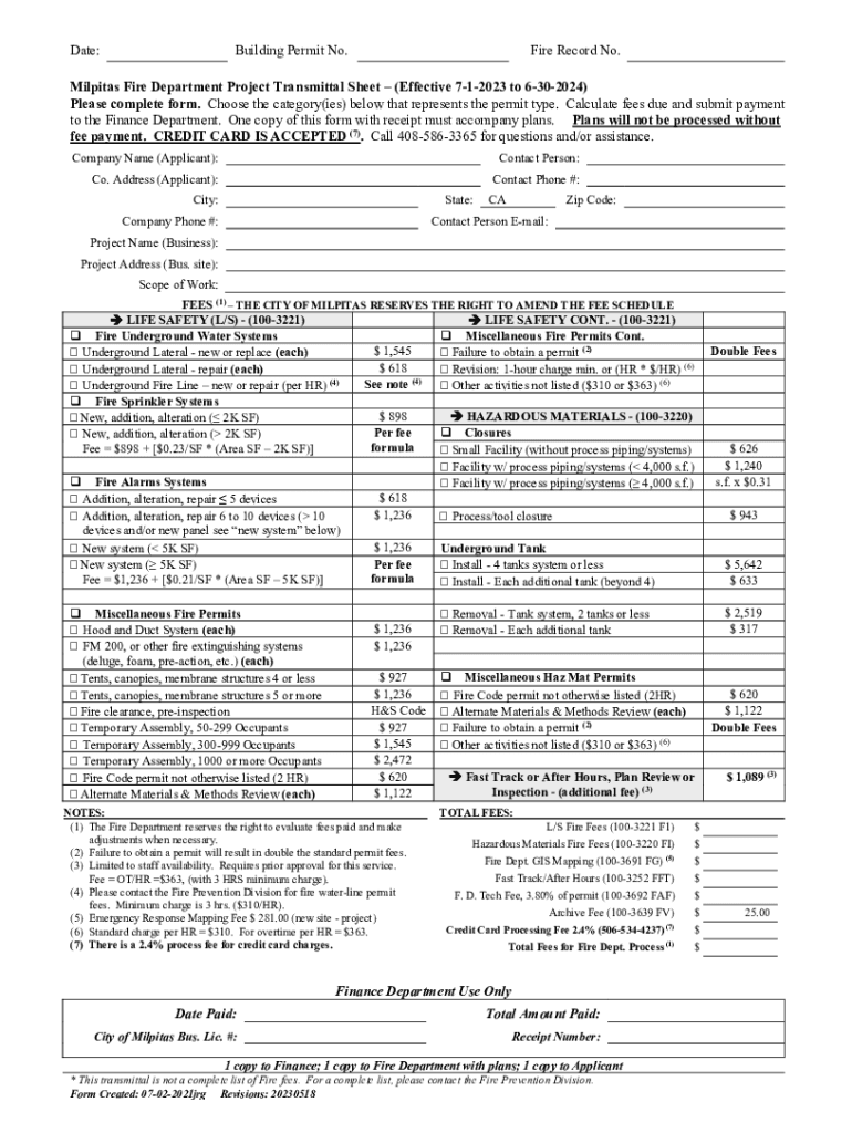 Fillable Online Building Permit No. Fire Record No. Finance Department ...