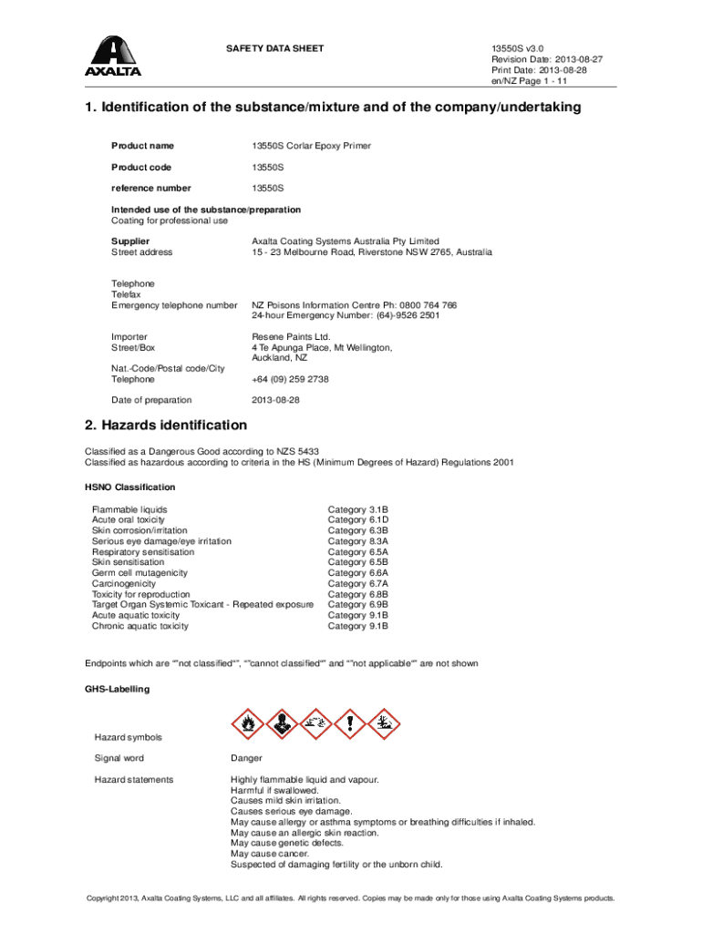 Fillable Online 13550S Corlar Corrosion-Resistant Epoxy Primer - Axalta ...