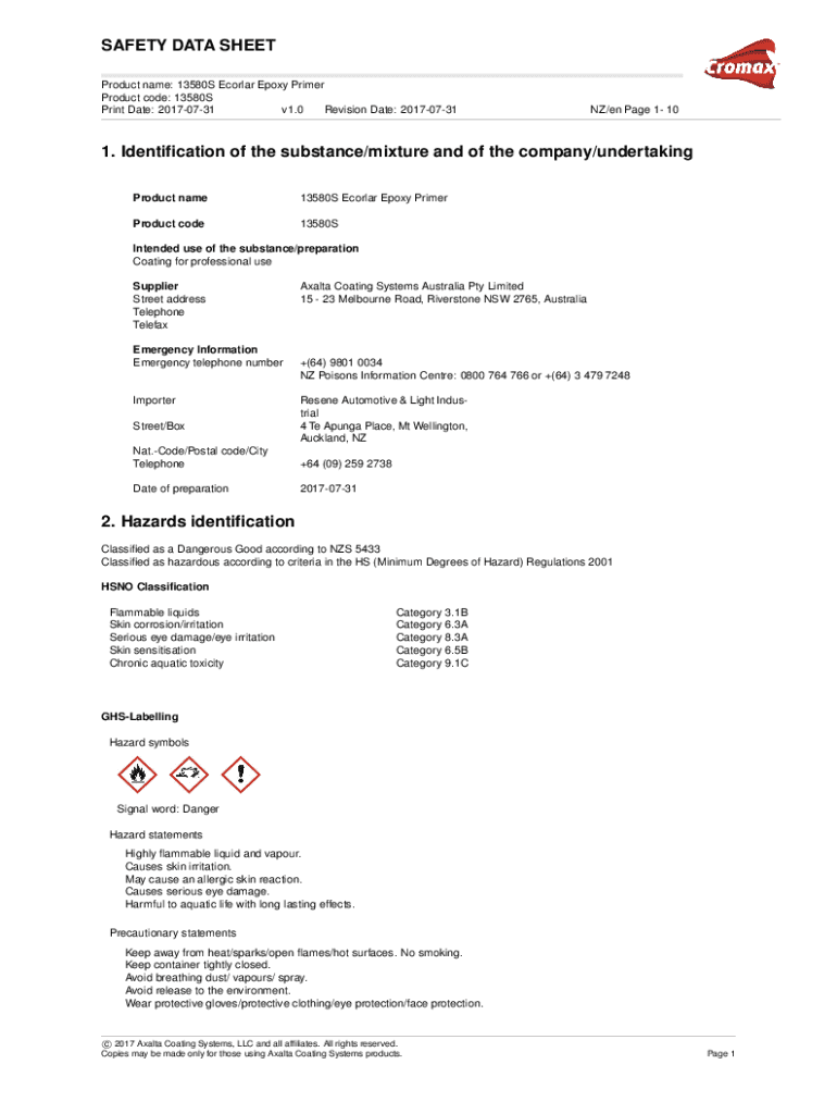 Fillable Online Safety Data Sheet. CORROSION-RESISTANT EPOXY PRIMER Fax Email Print - pdfFiller