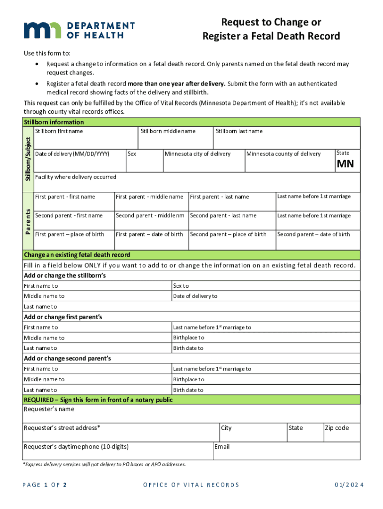 Fillable Online Request to Change or Register a Fetal Death Record Fax ...