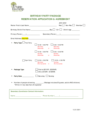 Fillable Online BIRTHDAY PARTY PACKAGE RESERVATION APPLICATION ... Fax ...