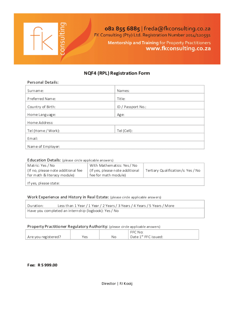 Fillable Online NQF4 (RPL) Registration Form - FK Consulting Fax Email ...