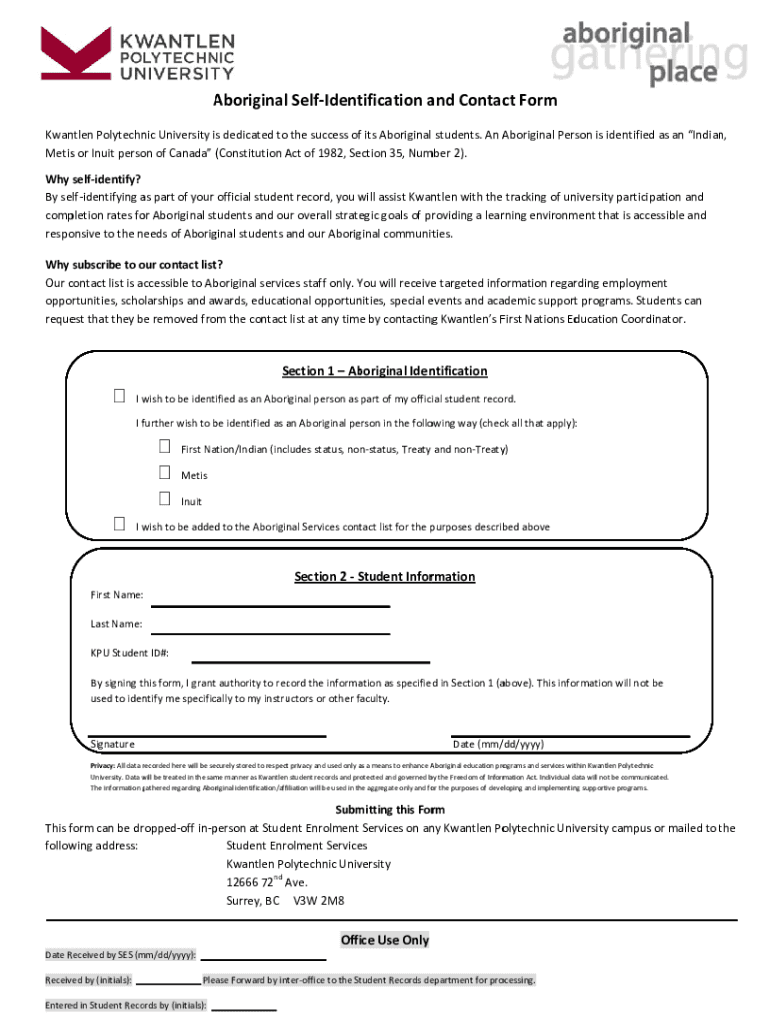 Fillable Online A Aboriginal Self-Ident tification a and Contac ct Form ...