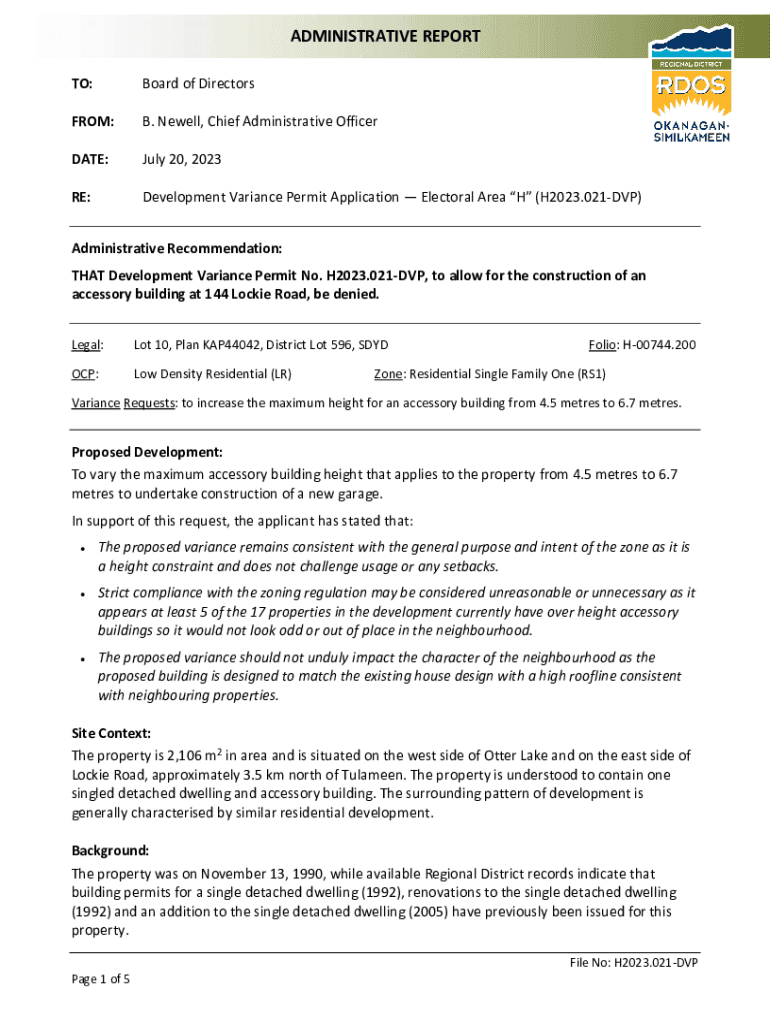 Fillable Online Development Variance Permit ApplicationElectoral Area H ...