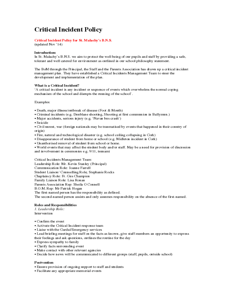 Fillable Online Critical Incident Policy - St. Malachy's Boys' National School Fax Email Print ...
