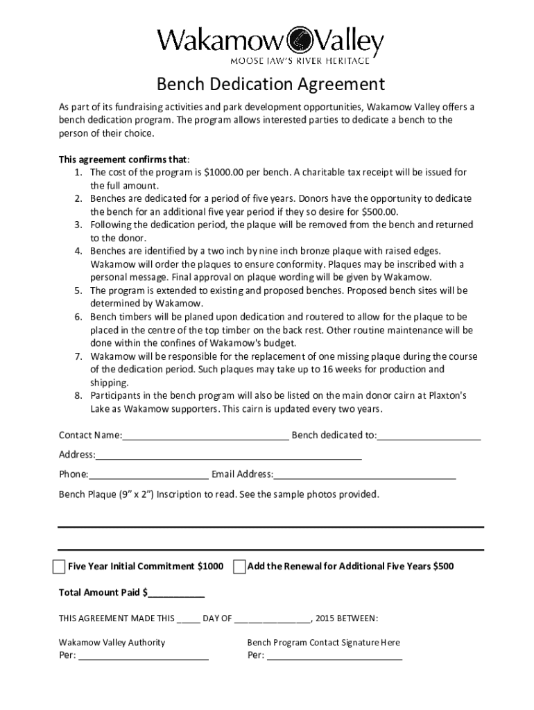 Fillable Online Bench Dedication Agreement Fax Email Print - pdfFiller