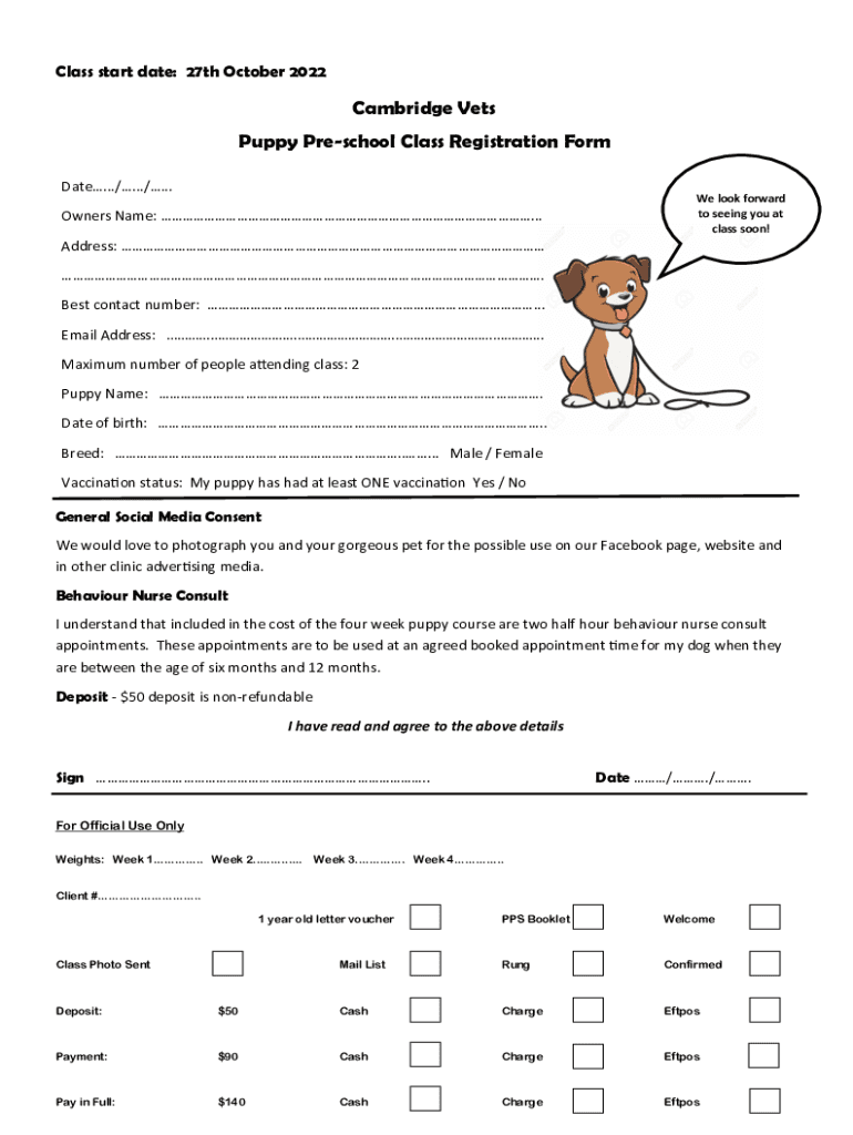 Fillable Online Cambridge Vets Puppy Pre-school Class Registration Form ...